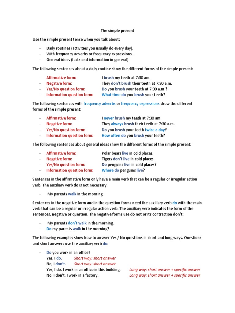 Simple Present Tense Guide | PDF | Question | Verb