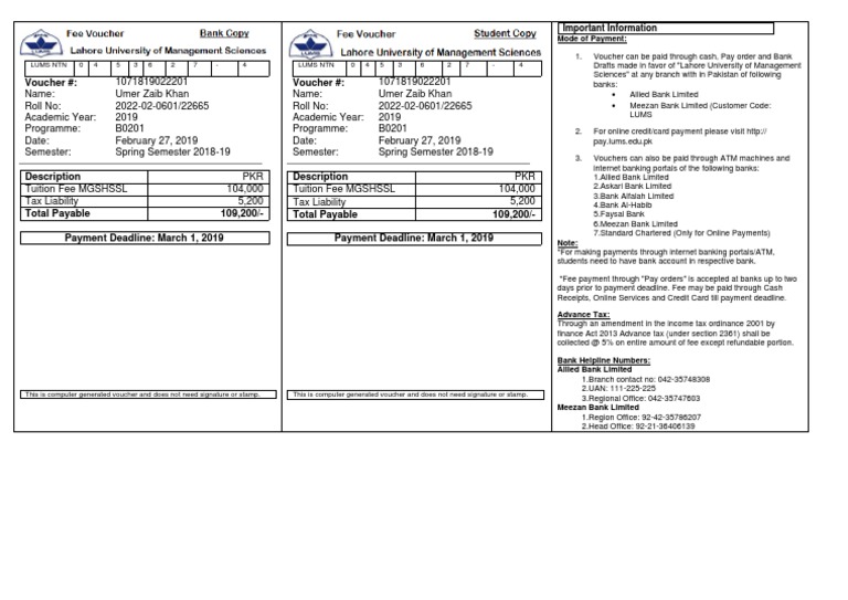 Important Payment Info for LUMS Students | PDF | Fee | Banks