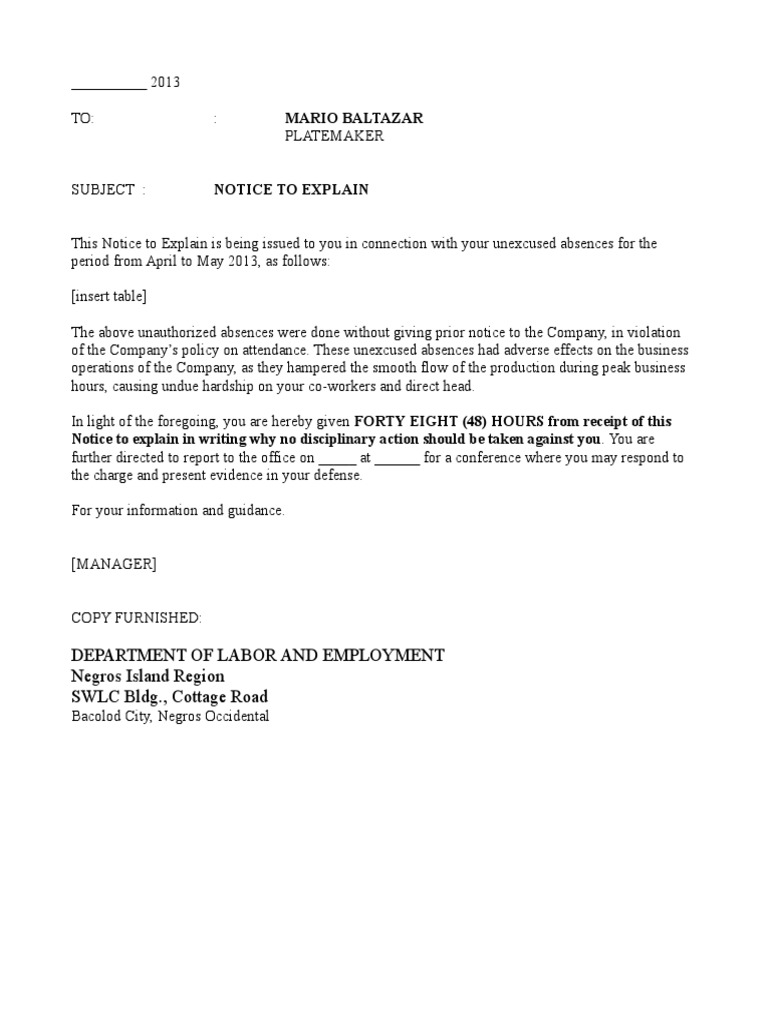 Notice to Explain for Unauthorized Absences | PDF