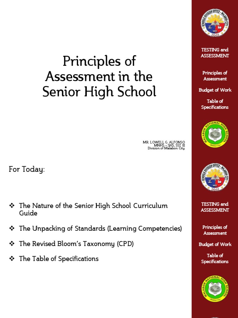 Principles Of Assessment Unpacking Of Standards And Table Of