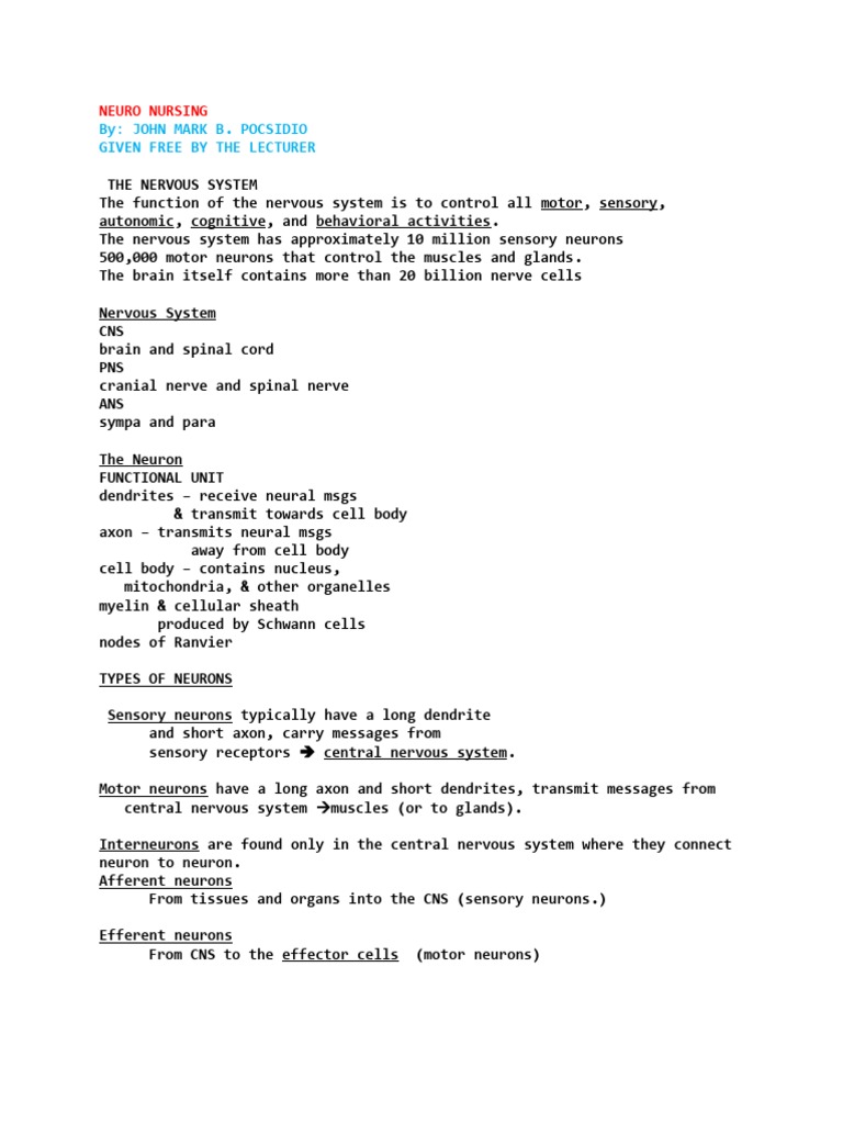 Neuro Nursing Handouts | PDF | Nervous System | Parkinson's Disease