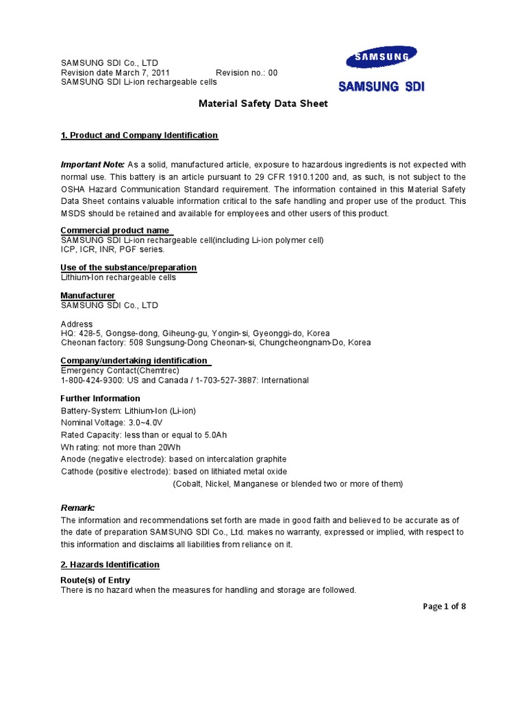Msds Li Ion-Polymer Samsung Battery | PDF | Lithium Ion Battery ...