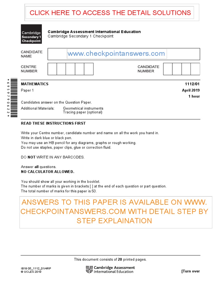 Secondary Checkpoint Mathematics April Paper 1 2019 Question Paper ...