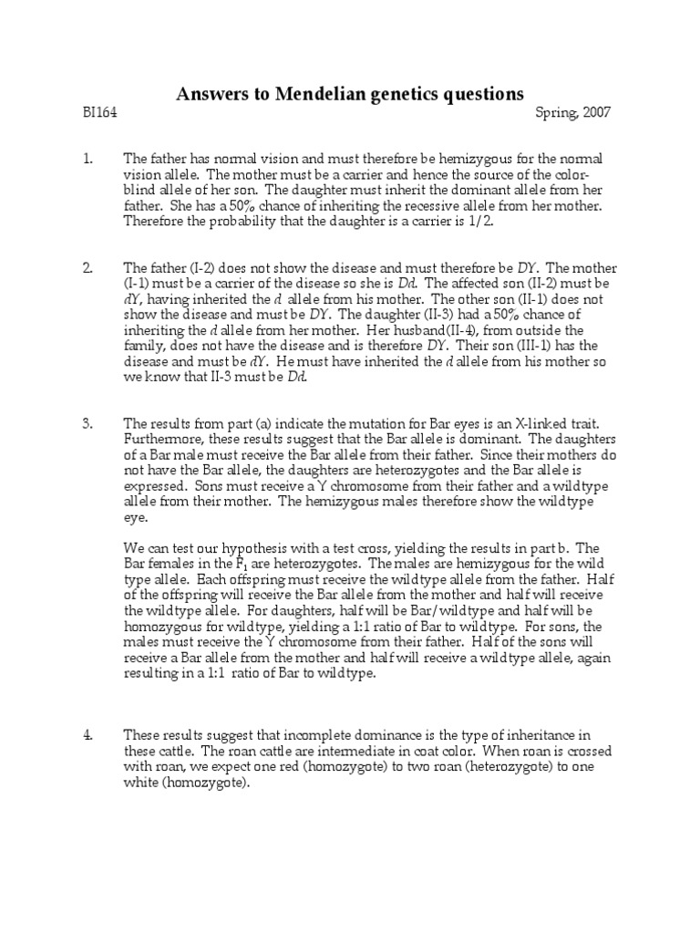Mendelian Genetics Answer Key | PDF | Zygosity | Dominance (Genetics)