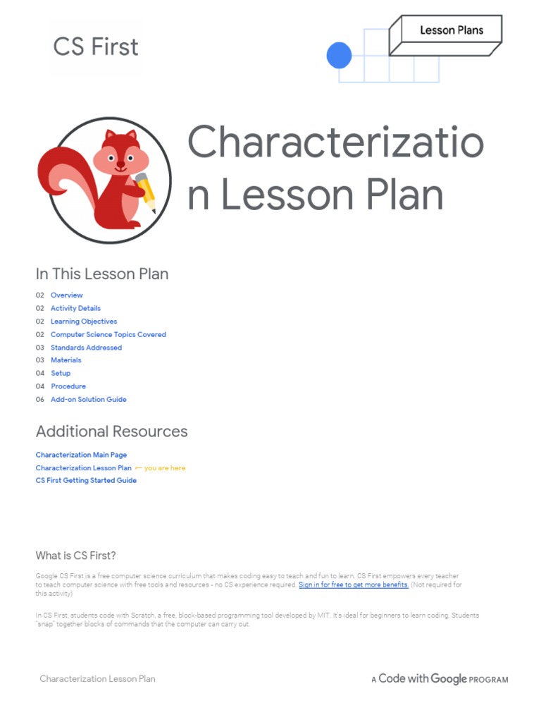 Characterization - Lesson Plan PDF | PDF | Lesson Plan | Scratch ...
