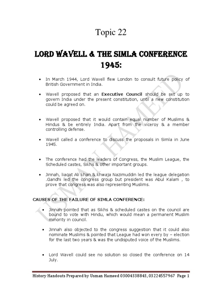 Hist Topic 22 Lord Wavell The Simla Conference 1945 PDF | PDF ...