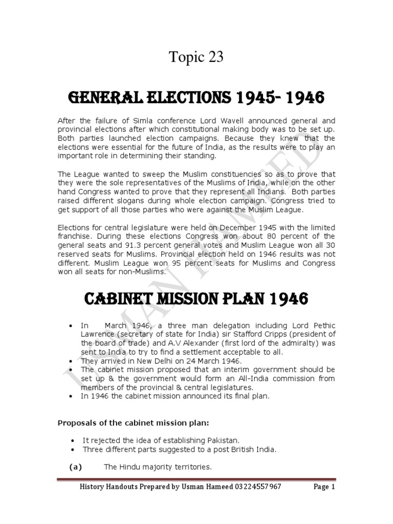 Hist Topic 23 General Elections 1945 1946 Plan 2 PDF | PDF | Muhammad ...