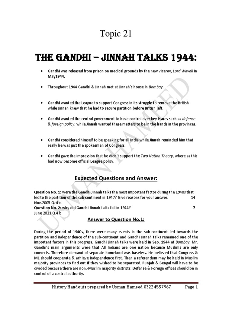 Hist Topic 21 The Gandhi Jinnah Talks 1944 PDF | PDF | Muhammad Ali ...