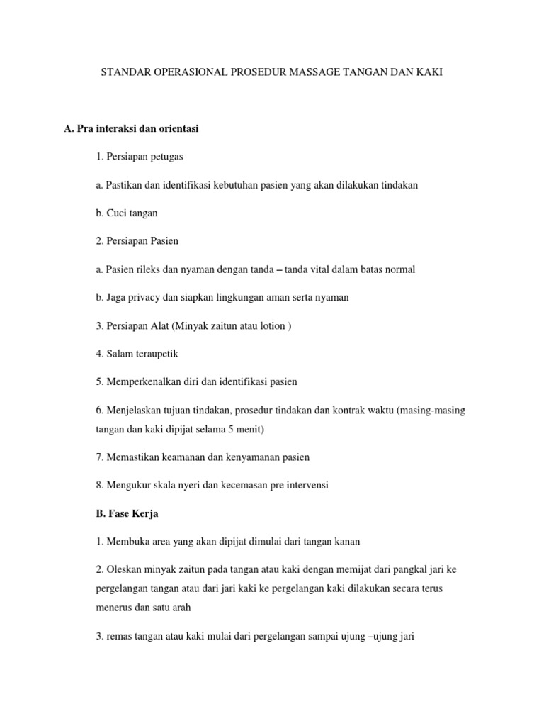 Standar Operasional Prosedur Massage Tangan Dan Kaki | PDF