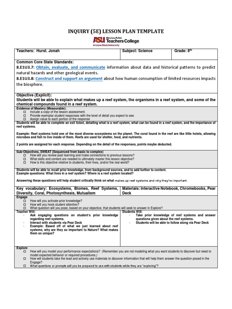 PBL Lesson Plan Template | PDF | Coral Reef | Educational Assessment