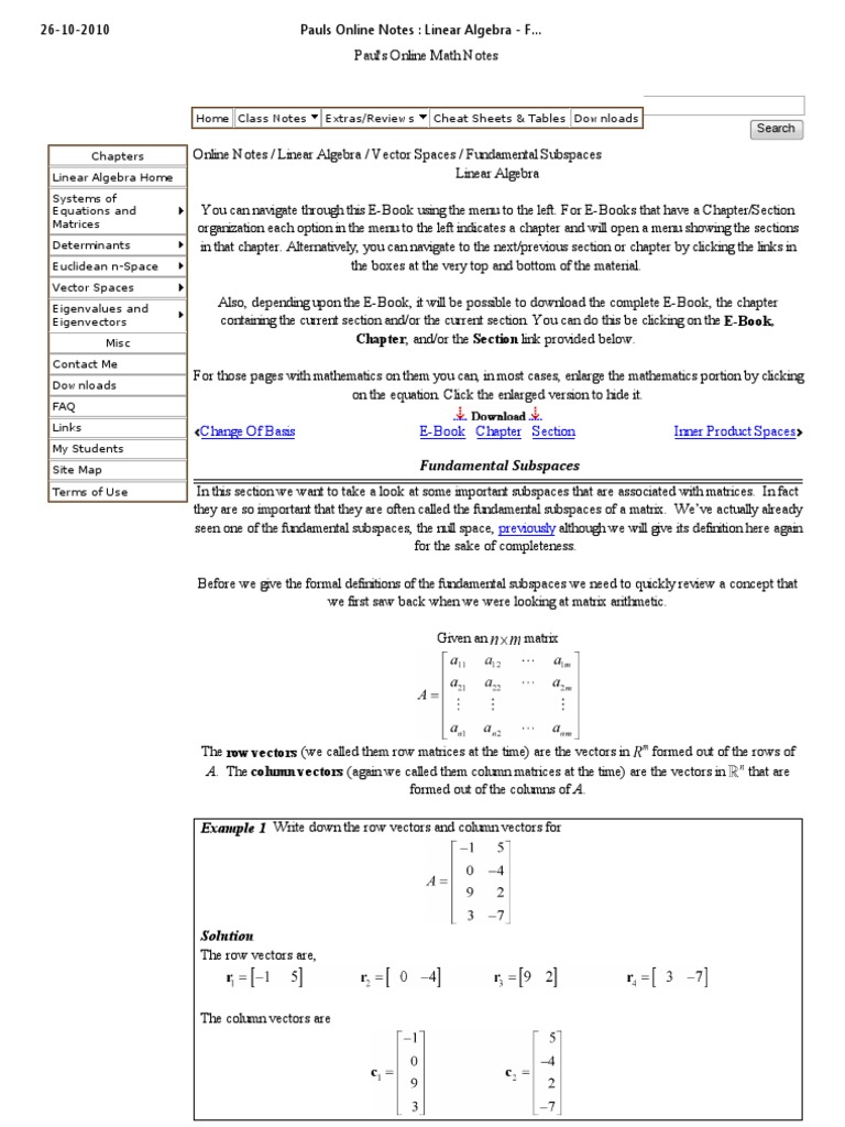 Pauls Online Notes - Linear Algebra - Fundamental Subspaces | PDF ...