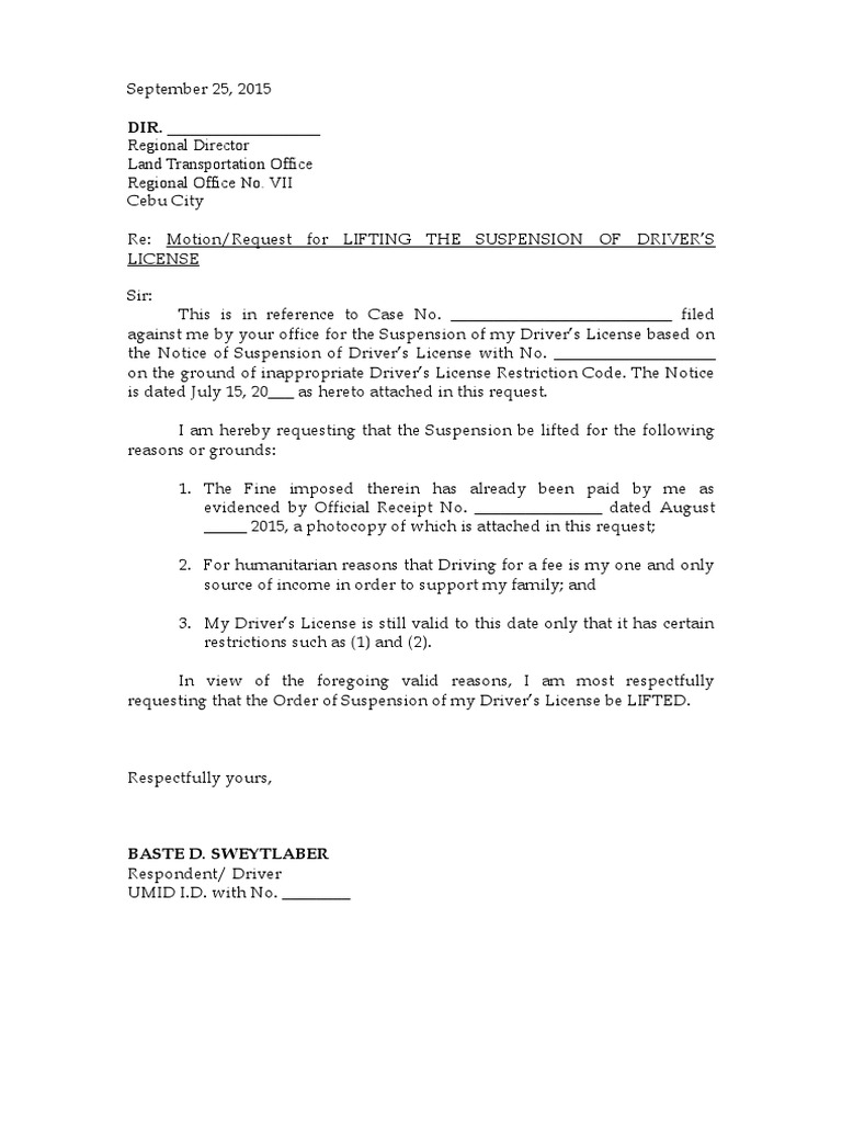 Request to Lift Driver's License Suspension | PDF
