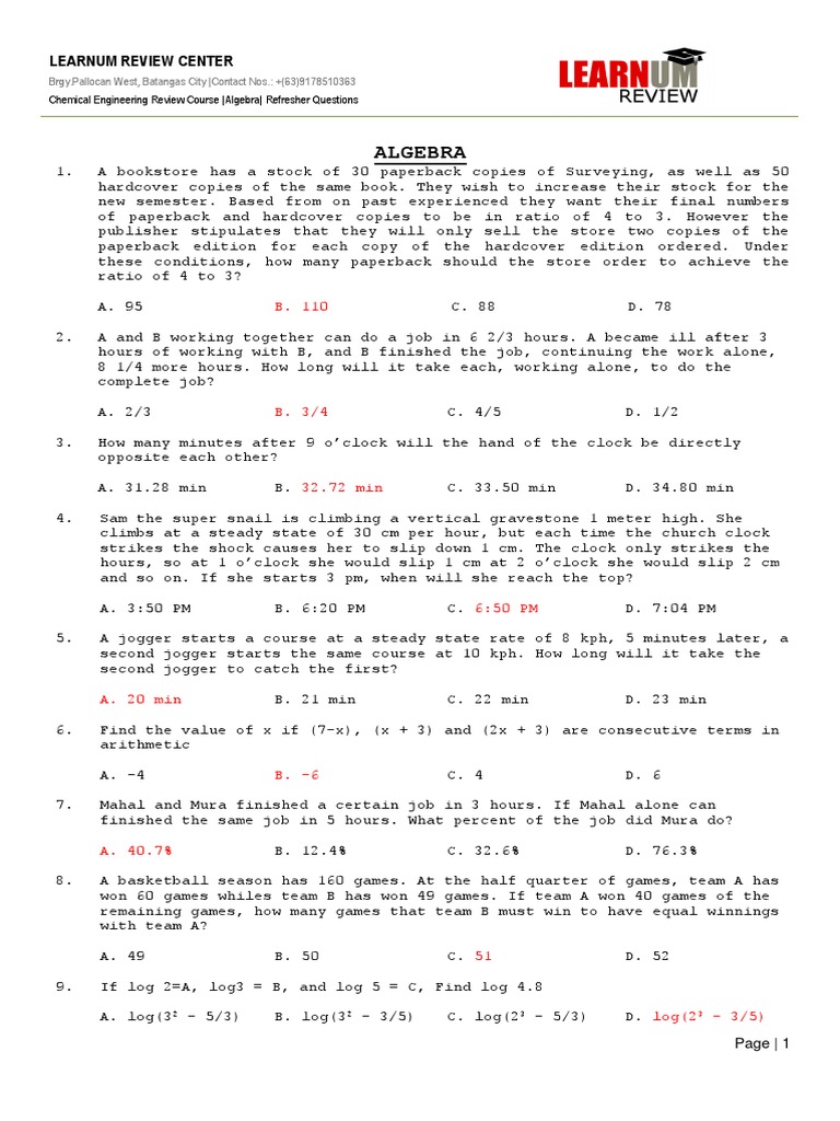 Algebra Review Questions for Engineers | PDF | Teaching Mathematics | Books