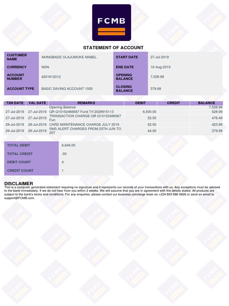 27 Jul 2019 To 10 Aug 2019 FCMB Statement PDF | PDF | Debit Card ...