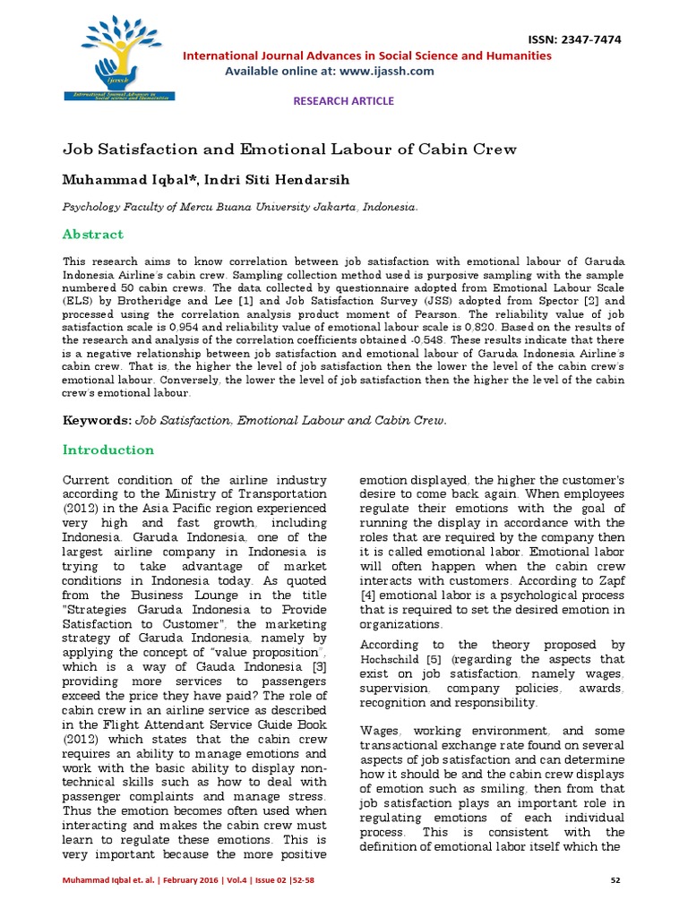 Job Satisfaction and Emotional Labour of Cabin Crew | PDF | Job ...