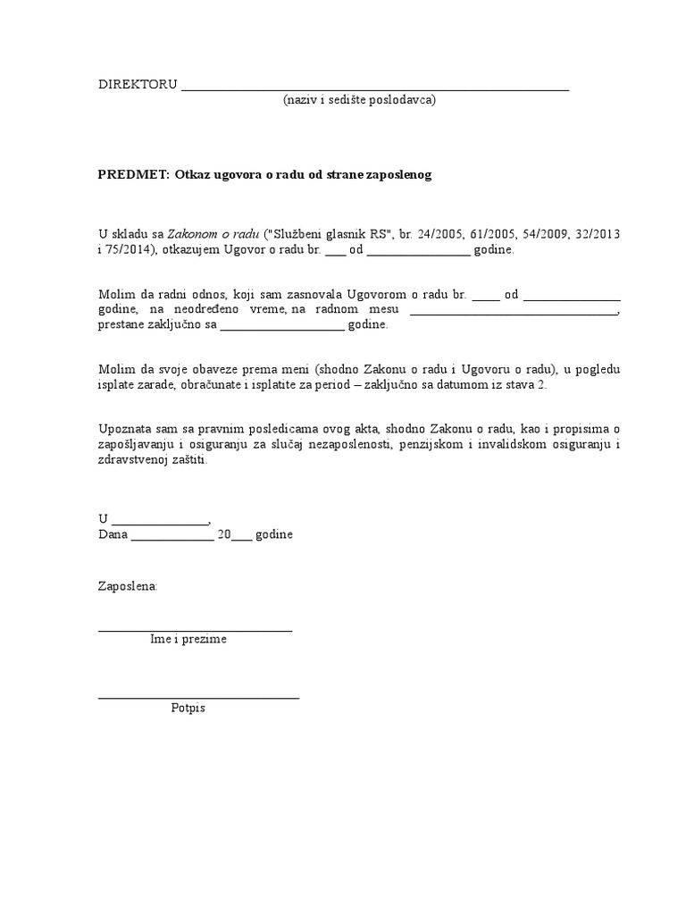 Otkaza Ugovora o Radu Od Strane Zaposlenog I Resenjezaposlenog | PDF