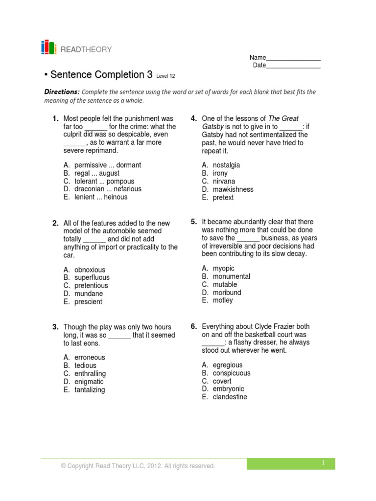 Level 12 Sentence Completion 3 | PDF | Reserved Word | Sentence (Linguistics)