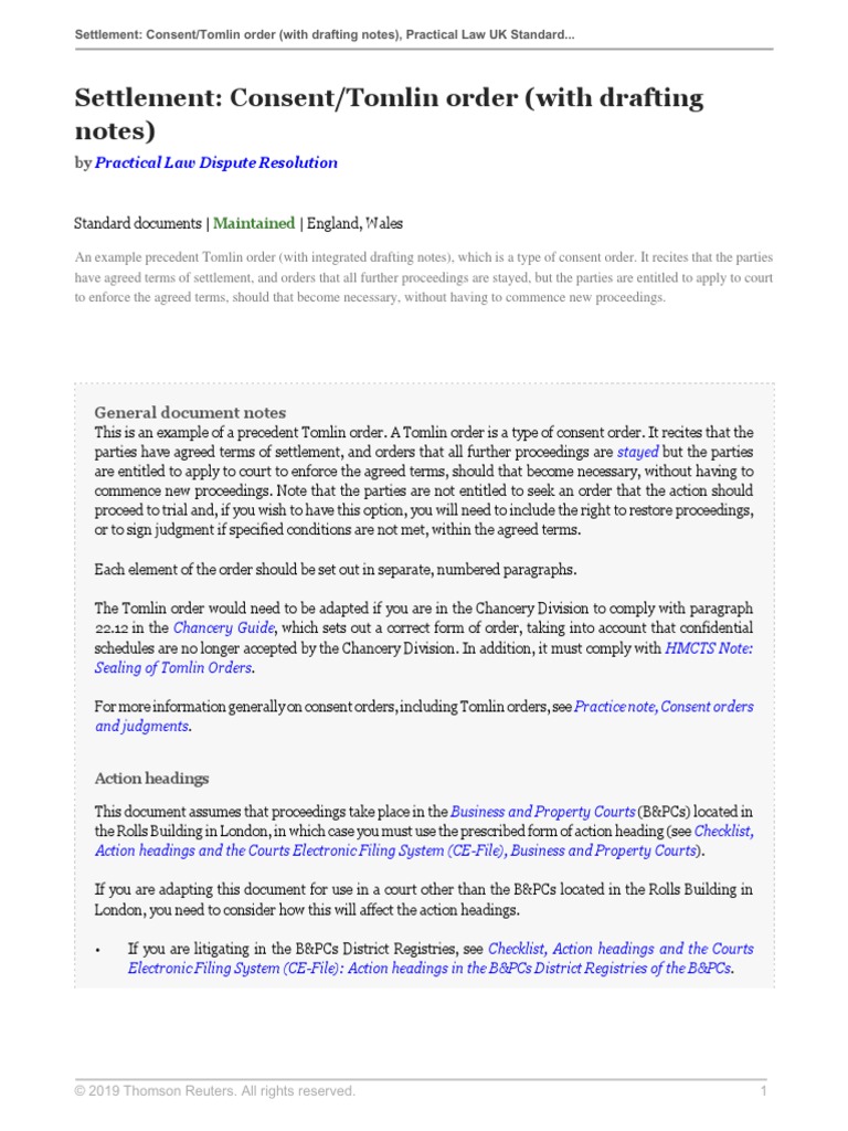 07pt Pl Settlement Consent Tomlin Order Dn Pdf Settlement Litigation Virtue