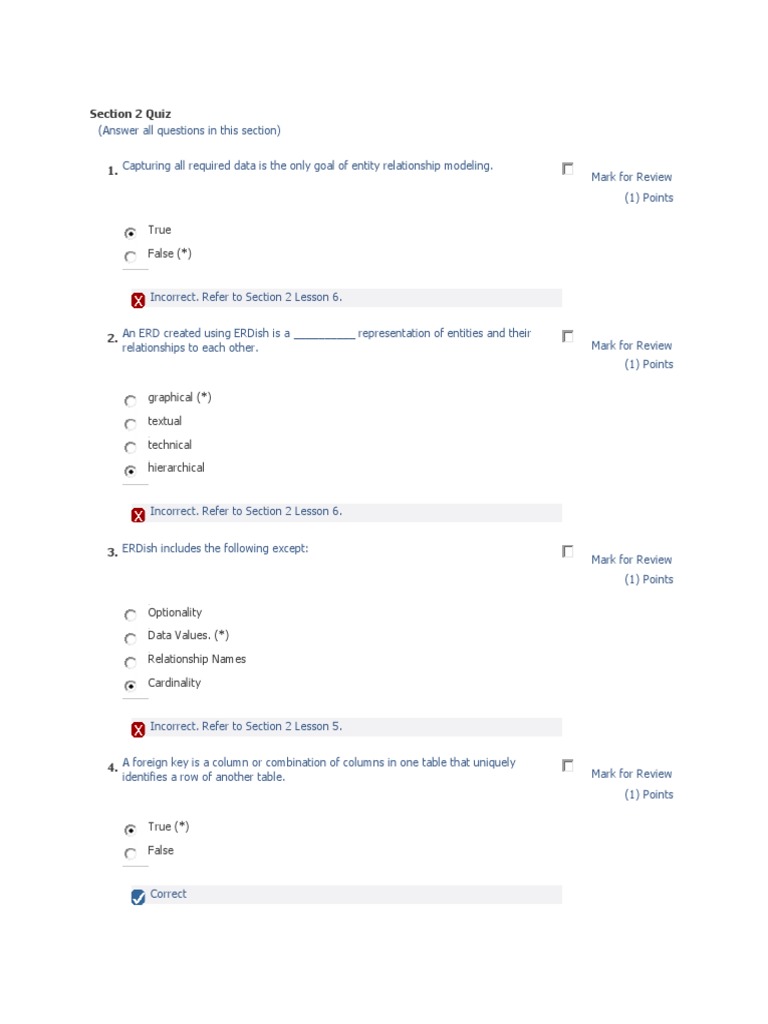 Section 2 Quiz 1 | PDF | Relational Database | Relational Model