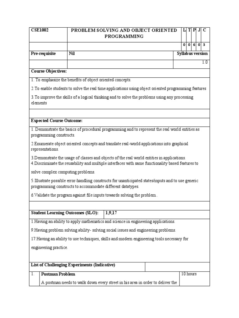 Cse1002 Problem Solving And Object Oriented Programming Lo 10 37 Cse1002 Pdf Dna Object