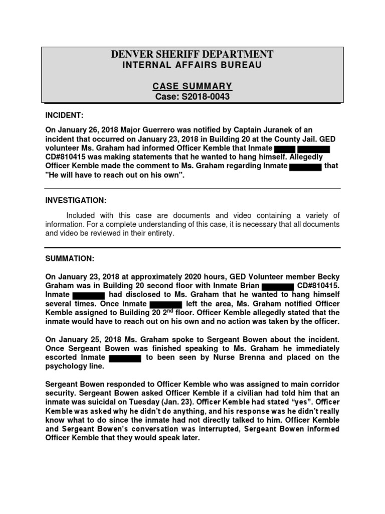 Denver Deputy Timothy Kemble Internal Affairs Bureau Report | PDF ...