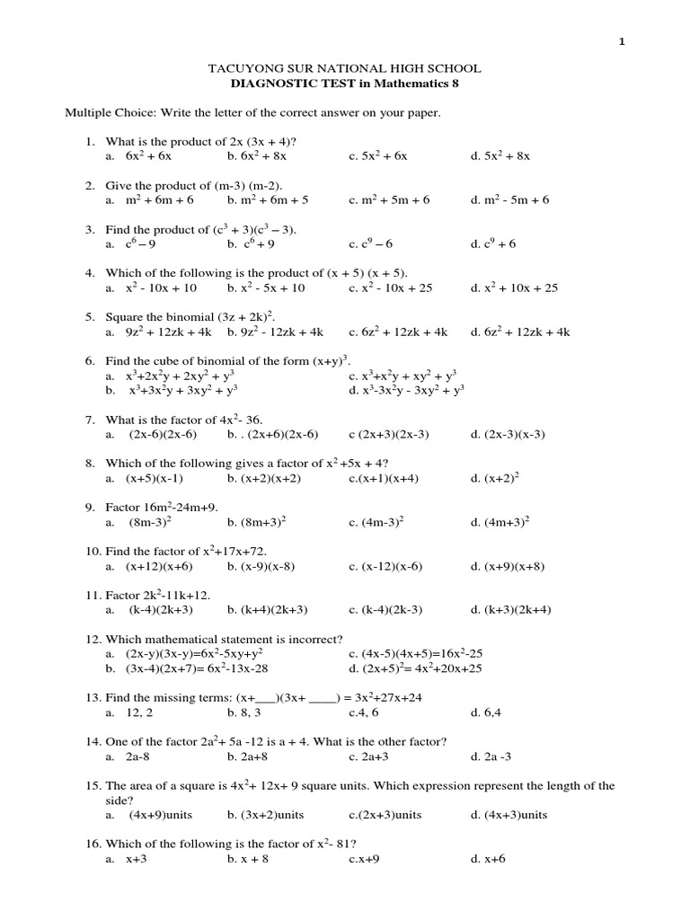 Diagnostic Test in Math 8 | PDF | Elementary Mathematics | Geometry