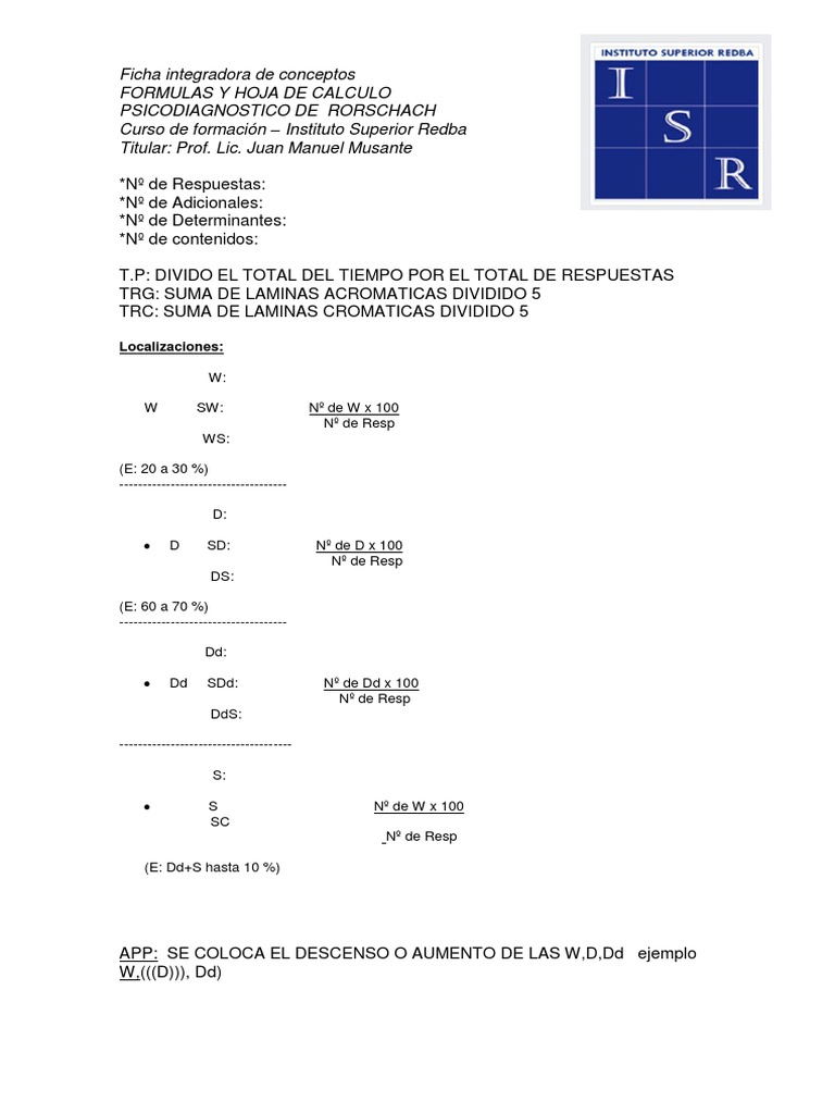 Ficha de Trabajo - Formulas para Analizar Computos - Rorschach | PDF | Informática y tecnología ...