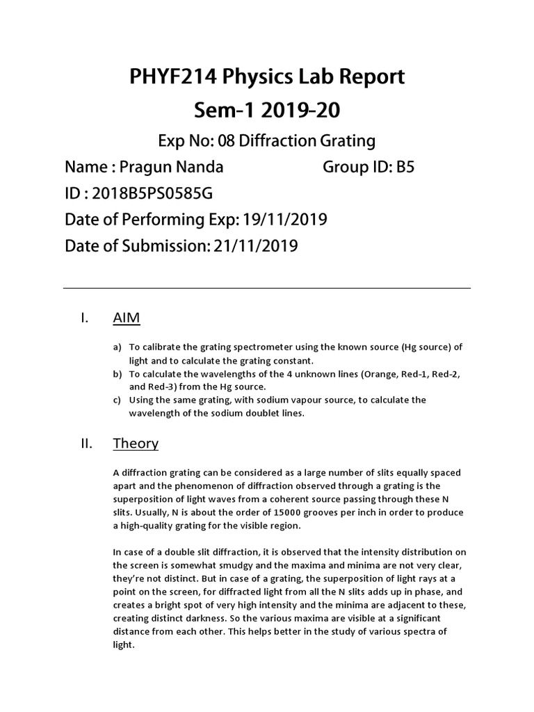 Phyf214 Exp 08 Grating Lab Report Download Free Pdf Diffraction