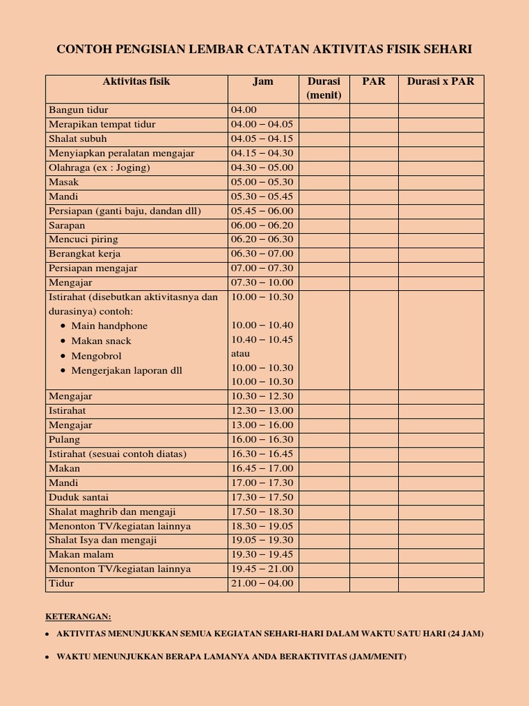 Contoh Pengisian Recall Aktivitas | PDF