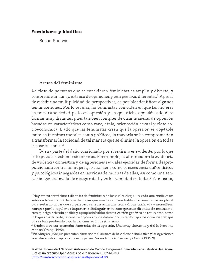 Susan Sherwin: "Feminismo y Bioética" | PDF | Feminismo | Estudios de género