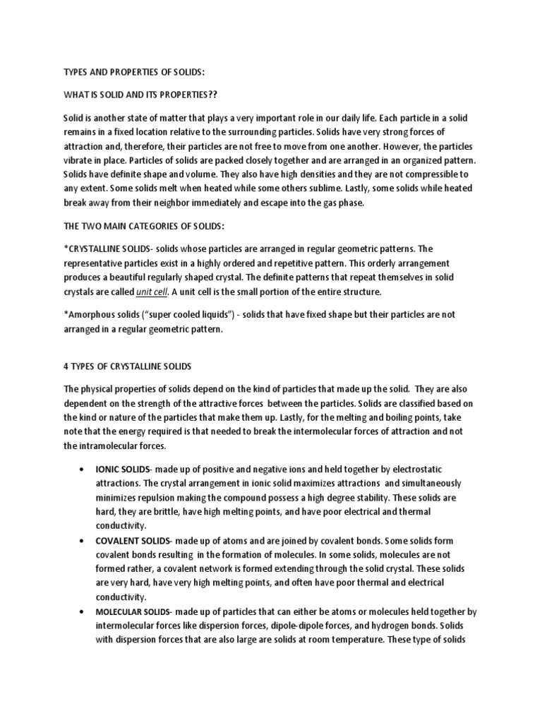 Types and Properties of Solids | PDF | Solid | Covalent Bond