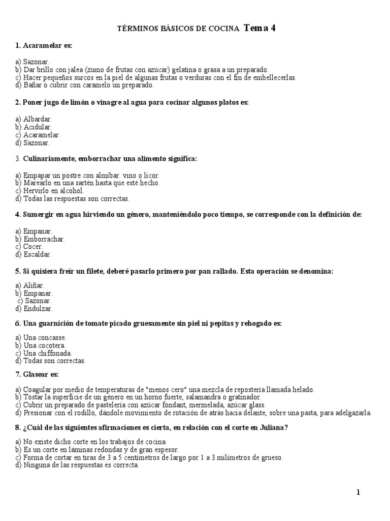 Test de Términos de Cocina | PDF | Caldo | Fritura