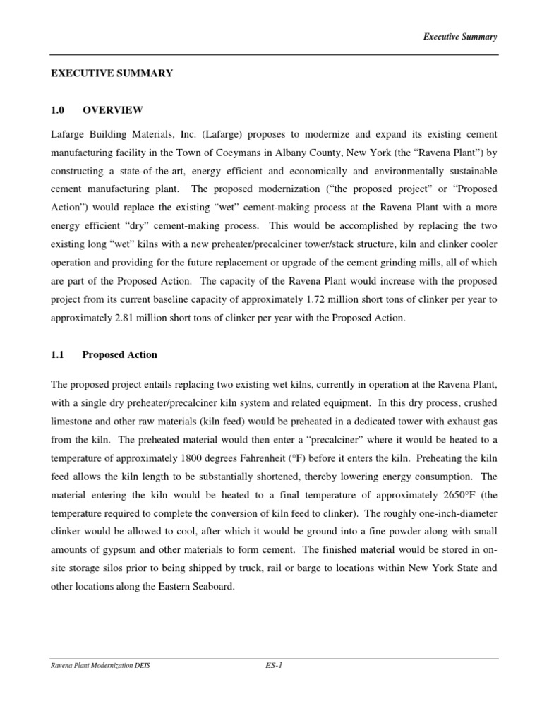 Lafarge Ravena Plant Modernization DEIS - Executive Summary | PDF ...