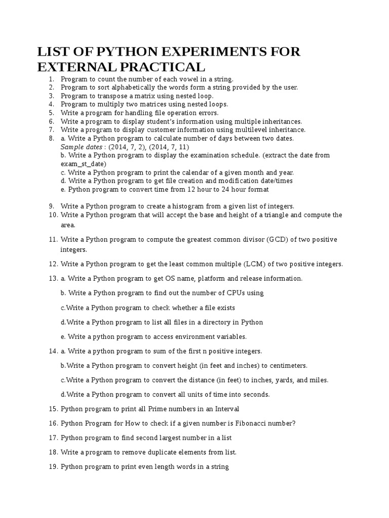 A Comprehensive List of Python Programming Exercises for Practical External Assessment | PDF ...