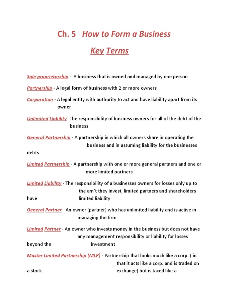 Ch. 5 How To Form A Business Key Terms: Sole Proprietorship Partnership ...
