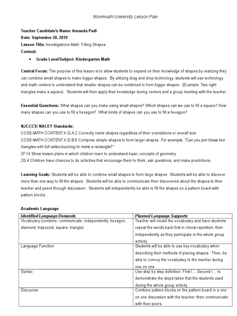 Kindergarten Math Lesson Plan | PDF | Lesson Plan | Vocabulary