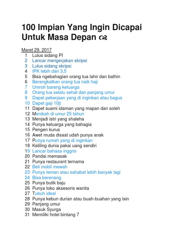 100 Impian Yang Ingin Dicapai Untuk Masaaa Depan | PDF