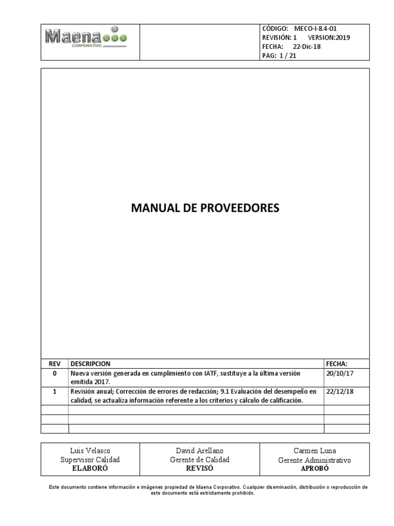Manual de Proveedores - Rev1 - Versión 2019 | PDF | Calidad (comercial) | Auditoría