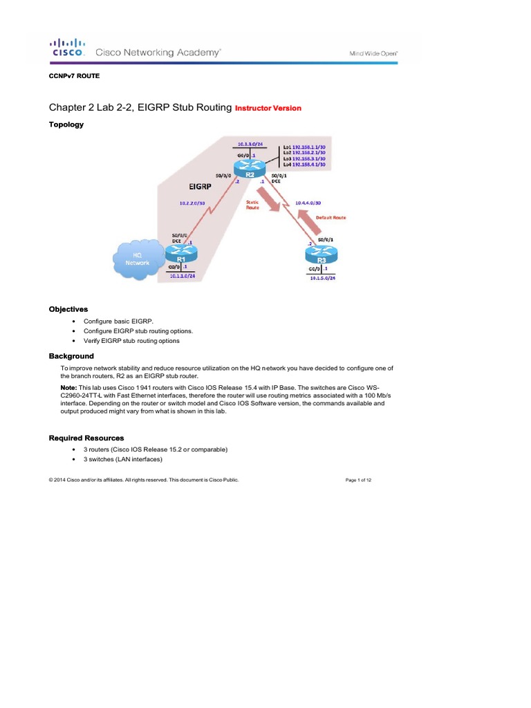 CCNPv7 ROUTE Lab2-2 EIGRP-Stub-Routing Instructor | PDF | Router (Computing) | Internet Architecture
