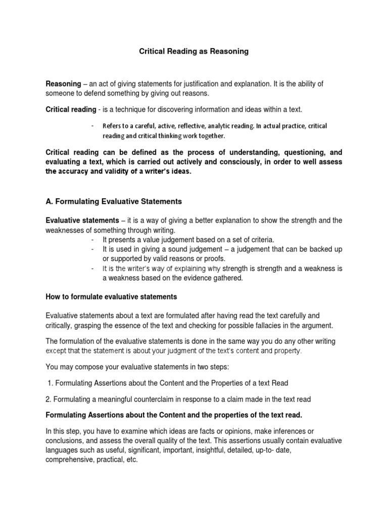 Critical Reading As Reasoning | PDF | Argument | Reason