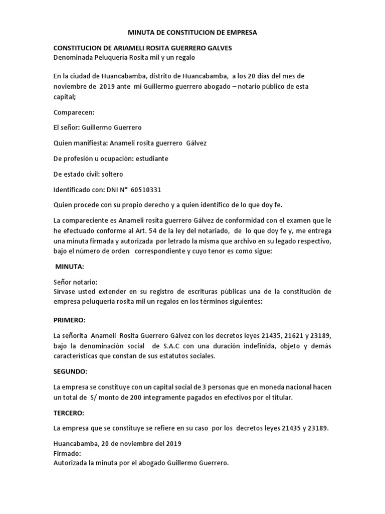 Minuta de Constitucion de Empresa | PDF