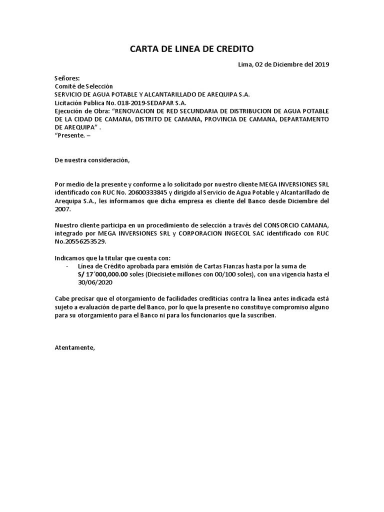 Carta Linea de Credito Ingecol | PDF