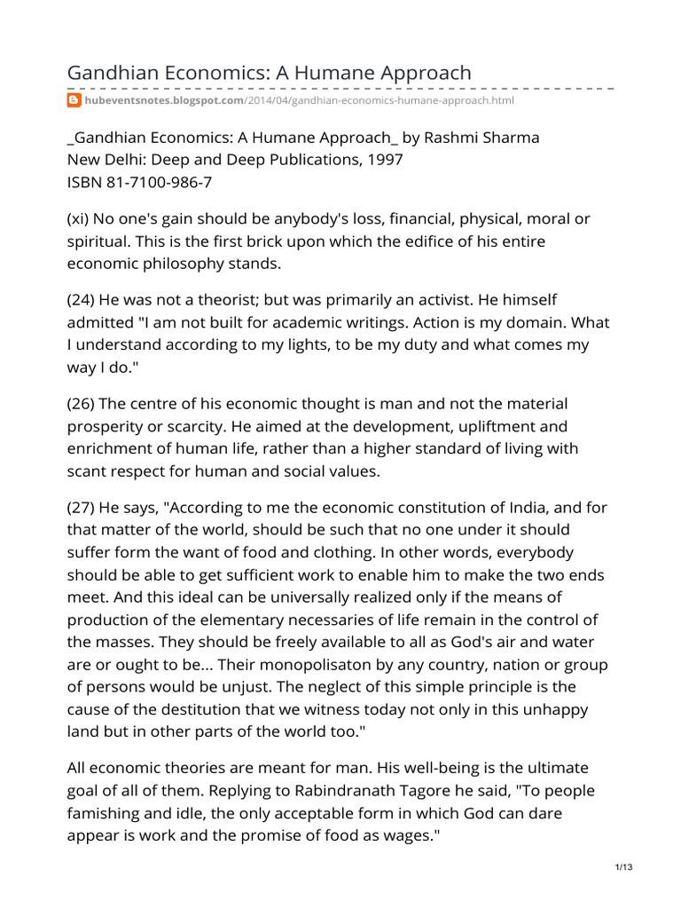 Gandhian Economics A Humane Approach | PDF | Mahatma Gandhi | Utility