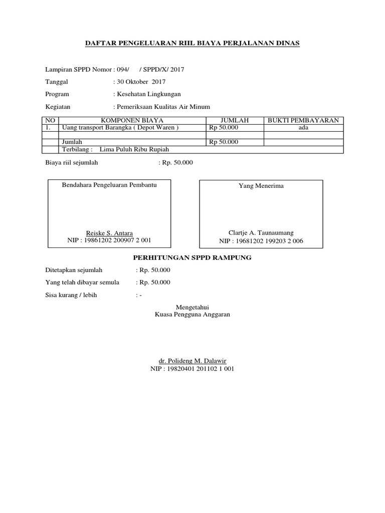 Daftar Pengeluaran Riil Biaya Perjalanan Dinas | PDF