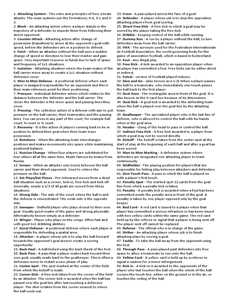 Football Terminologies | PDF | Defender (Association Football ...