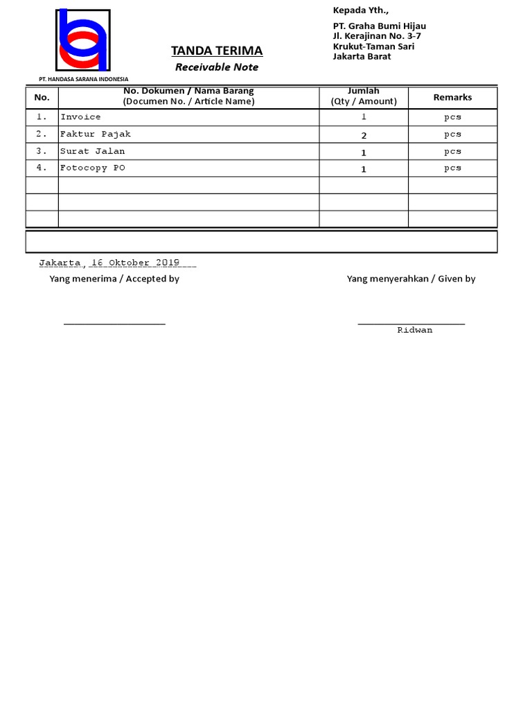 Tanda Terima Barang - Dokumen | PDF