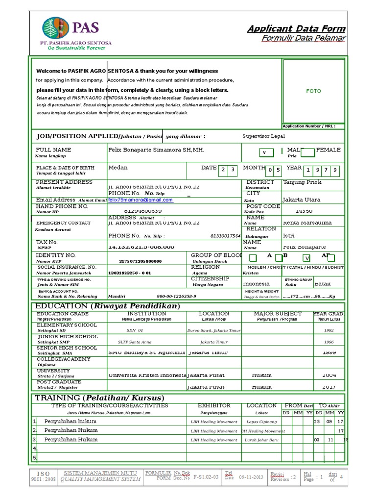 New Applicant Data Form PT Pas | PDF