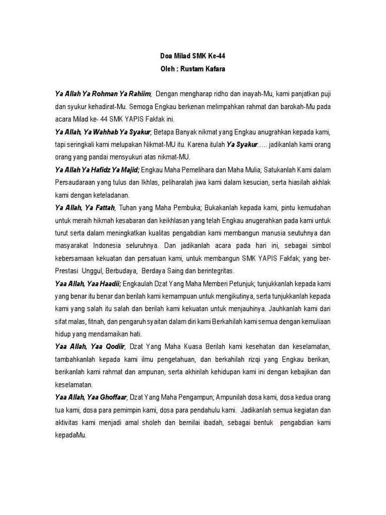 Doa Milad SMK Ke 44 | PDF | Agama & Spiritualitas