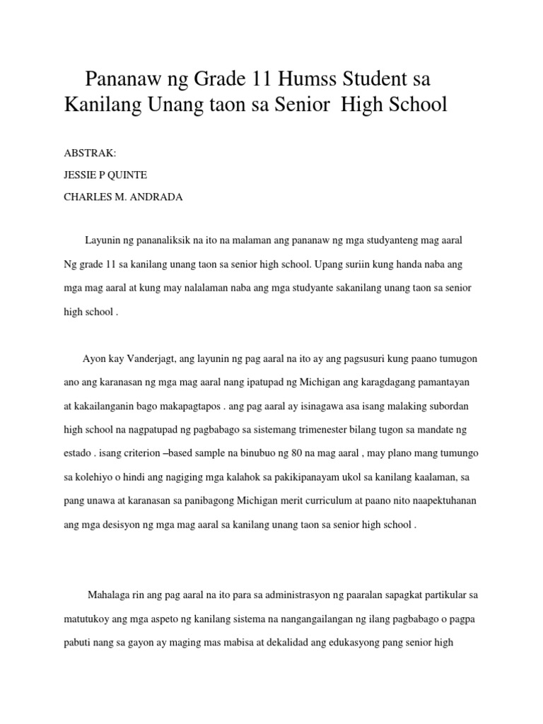 Pananaw NG Grade 11 Humss Student Sa Kanilang Unang Taon Sa Senior High ...