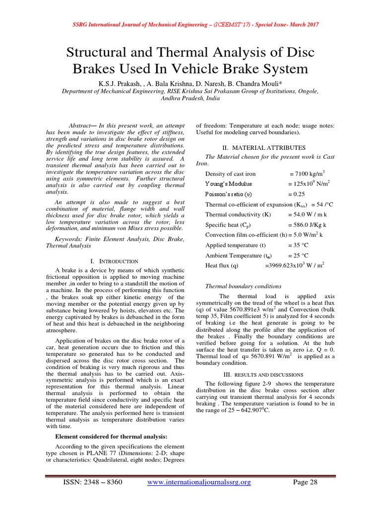Structural and Thermal Analysis of Disc Brakes Used in Vehicle Brake ...